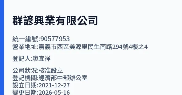 群諺興業有限公司的照片-統編 90577953(嘉義市) 公司登記資料與營業項目詳細圖表