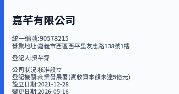 嘉芊有限公司的照片-統編 90578215(嘉義市) 公司登記資料與營業項目詳細圖表