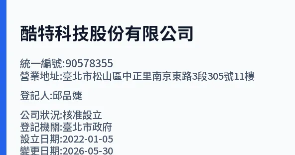 酷特科技股份有限公司的照片-統編 90578355(臺北市) 公司登記資料與營業項目詳細圖表