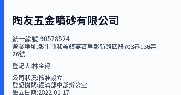 陶友五金噴砂有限公司的照片-統編 90578524(彰化縣) 公司登記資料與營業項目詳細圖表