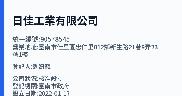 日佳工業有限公司的照片-統編 90578545(臺南市) 公司登記資料與營業項目詳細圖表