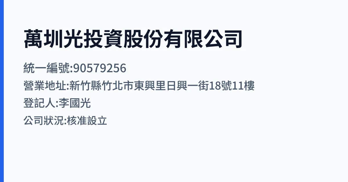 萬圳光投資股份有限公司 - 統編 90579256（新竹縣） 公司登記資料與營業項目詳細圖表