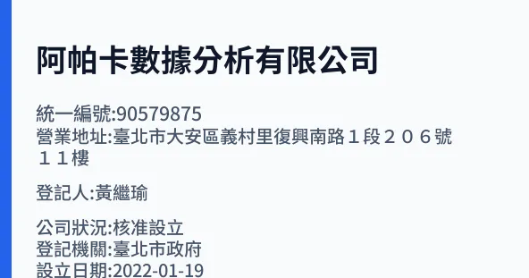 阿帕卡數據分析有限公司的照片-統編 90579875(臺北市) 公司登記資料與營業項目詳細圖表