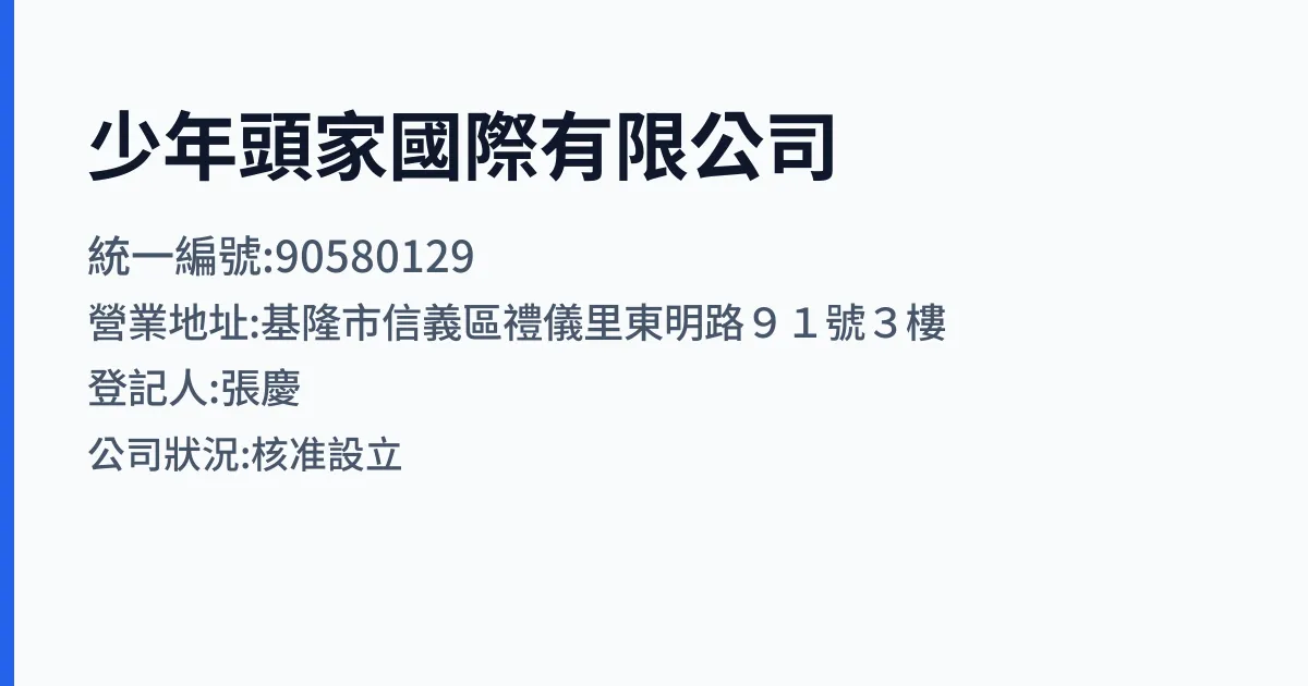 少年頭家國際有限公司 - 統編 90580129(基隆市) 公司登記資料與營業項目詳細圖表