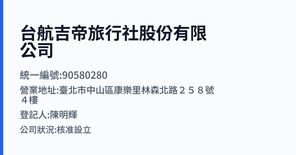 台航吉帝旅行社股份有限公司 - 統編 90580280(臺北市) 公司登記資料與營業項目詳細圖表