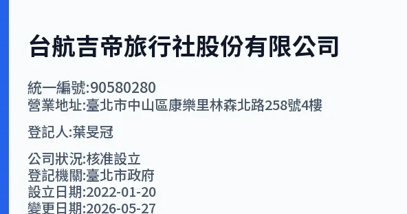 台航吉帝旅行社股份有限公司的照片-統編 90580280(臺北市) 公司登記資料與營業項目詳細圖表