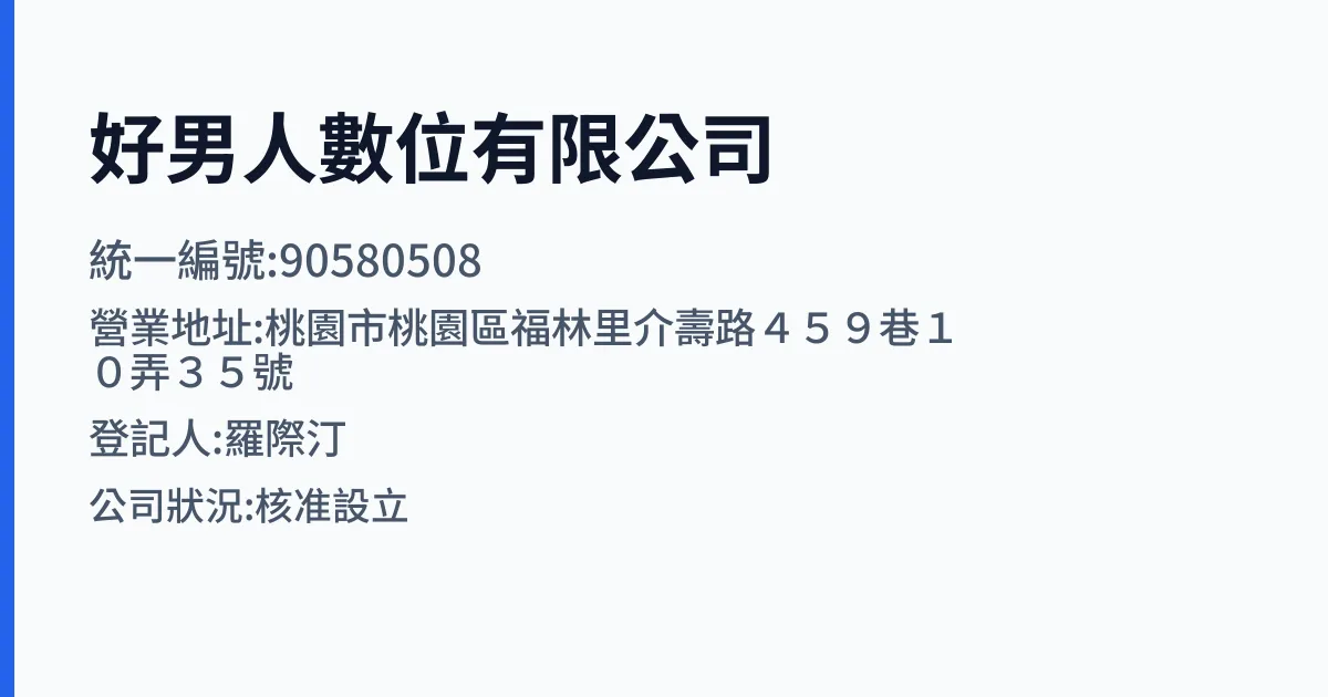 好男人數位有限公司 - 統編 90580508(桃園市) 公司登記資料與營業項目詳細圖表
