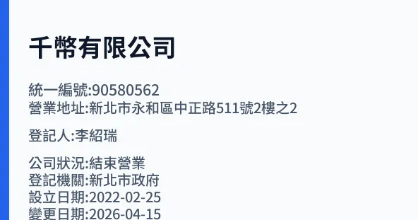 千幣有限公司的照片-統編 90580562(新北市) 公司登記資料與營業項目詳細圖表