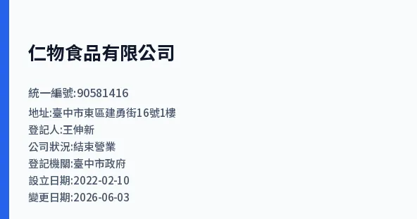 仁物食品有限公司的照片-統編 90581416(臺中市) 公司登記資料與營業項目詳細圖表