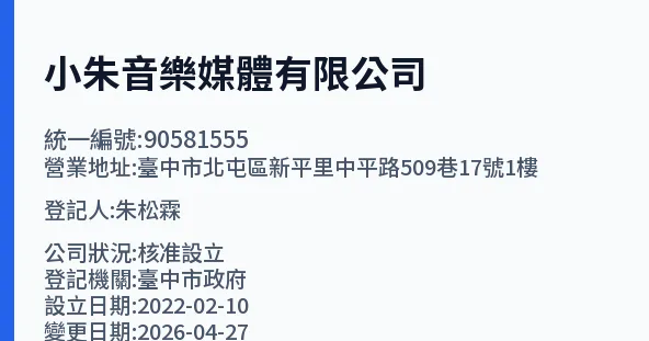 小朱音樂媒體有限公司的照片-統編 90581555(臺中市) 公司登記資料與營業項目詳細圖表