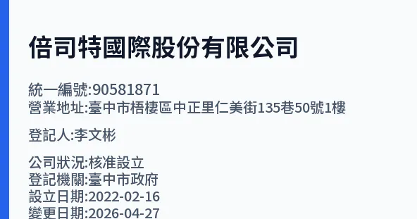 倍司特國際股份有限公司的照片-統編 90581871(臺中市) 公司登記資料與營業項目詳細圖表