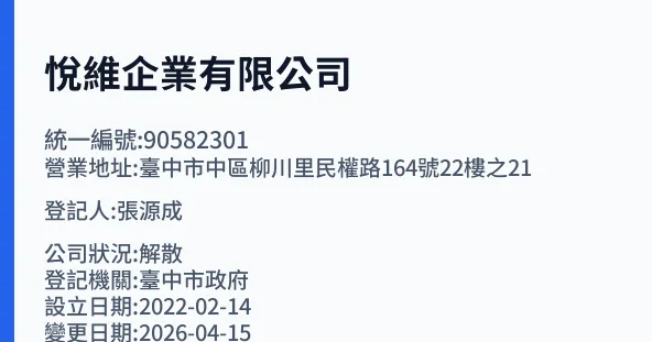 悅維企業有限公司的照片-統編 90582301(臺中市) 公司登記資料與營業項目詳細圖表