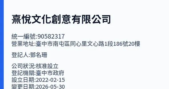 熹悅文化創意有限公司的照片-統編 90582317(臺中市) 公司登記資料與營業項目詳細圖表