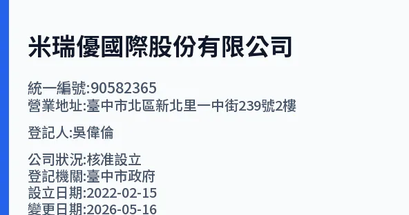 米瑞優國際股份有限公司的照片-統編 90582365(臺中市) 公司登記資料與營業項目詳細圖表