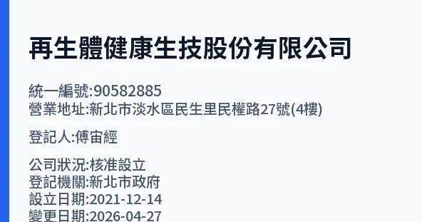 再生體健康生技股份有限公司的照片-統編 90582885(新北市) 公司登記資料與營業項目詳細圖表