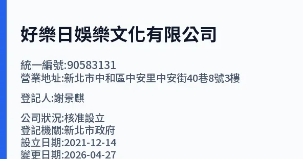 好樂日娛樂文化有限公司的照片-統編 90583131(新北市) 公司登記資料與營業項目詳細圖表