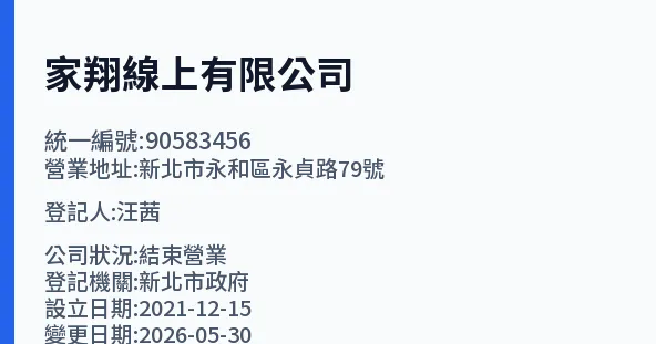 家翔線上有限公司的照片-統編 90583456(新北市) 公司登記資料與營業項目詳細圖表