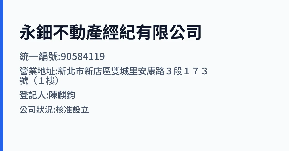 永鈿不動產經紀有限公司 - 統編 90584119(新北市) 公司登記資料與營業項目詳細圖表