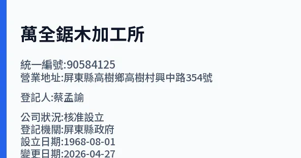 萬全鋸木加工所的照片-統編 90584125(屏東縣) 公司登記資料與營業項目詳細圖表