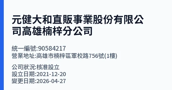 元健大和直販事業股份有限公司高雄楠梓分公司的照片-統編 90584217(高雄市) 公司登記資料與營業項目詳細圖表