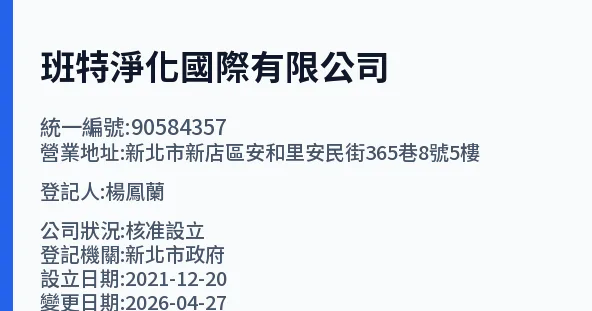 班特淨化國際有限公司的照片-統編 90584357(新北市) 公司登記資料與營業項目詳細圖表