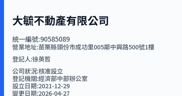 大毓不動產有限公司的照片-統編 90585089(苗栗縣) 公司登記資料與營業項目詳細圖表