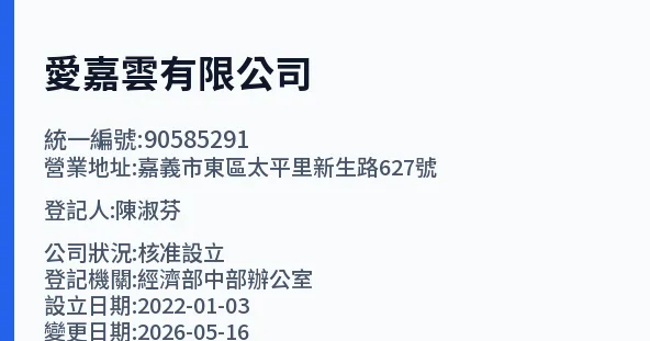 愛嘉雲有限公司的照片-統編 90585291(嘉義市) 公司登記資料與營業項目詳細圖表