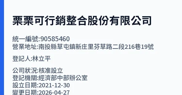 栗栗可行銷整合股份有限公司的照片-統編 90585460(南投縣) 公司登記資料與營業項目詳細圖表