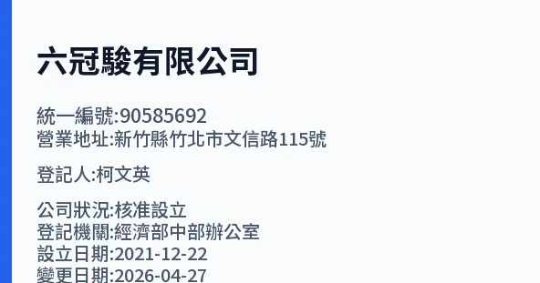 六冠駿有限公司的照片-統編 90585692(新竹縣) 公司登記資料與營業項目詳細圖表