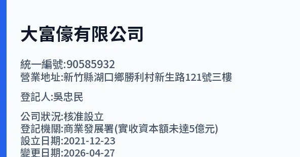 大富儫有限公司的照片-統編 90585932(新竹縣) 公司登記資料與營業項目詳細圖表