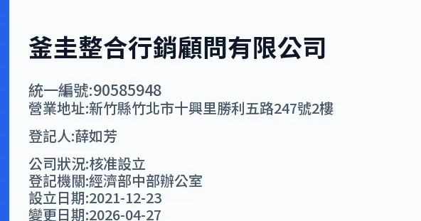 釜圭整合行銷顧問有限公司的照片-統編 90585948(新竹縣) 公司登記資料與營業項目詳細圖表