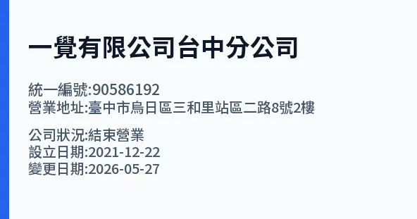 一覺有限公司台中分公司的照片-統編 90586192(臺中市) 公司登記資料與營業項目詳細圖表