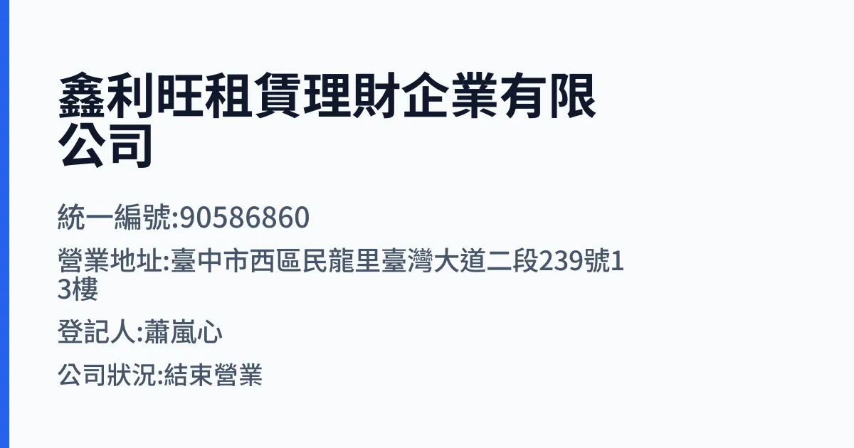 鑫利旺租賃理財企業有限公司 - 統編 90586860(臺中市) 公司登記資料與營業項目詳細圖表