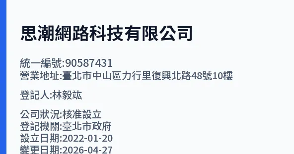 思潮網路科技有限公司的照片-統編 90587431(臺北市) 公司登記資料與營業項目詳細圖表