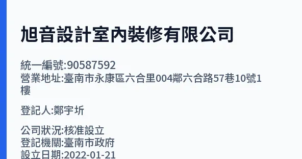 旭音設計室內裝修有限公司的照片-統編 90587592(臺南市) 公司登記資料與營業項目詳細圖表