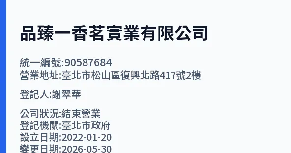 品臻一香茗實業有限公司的照片-統編 90587684(臺北市) 公司登記資料與營業項目詳細圖表