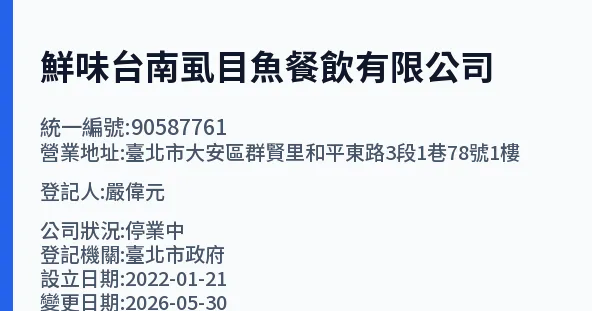 鮮味台南虱目魚餐飲有限公司的照片-統編 90587761(臺北市) 公司登記資料與營業項目詳細圖表