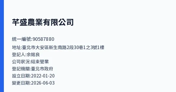 芊盛農業有限公司的照片-統編 90587880(臺北市) 公司登記資料與營業項目詳細圖表