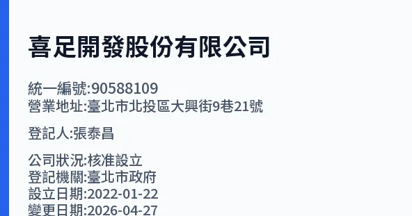 喜足開發股份有限公司的照片-統編 90588109(臺北市) 公司登記資料與營業項目詳細圖表