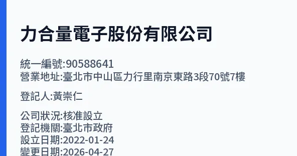 力合量電子股份有限公司的照片-統編 90588641(臺北市) 公司登記資料與營業項目詳細圖表