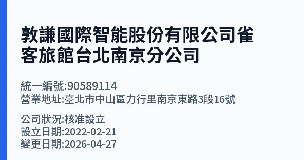 敦謙國際智能股份有限公司雀客旅館台北南京分公司的照片-統編 90589114(臺北市) 公司登記資料與營業項目詳細圖表