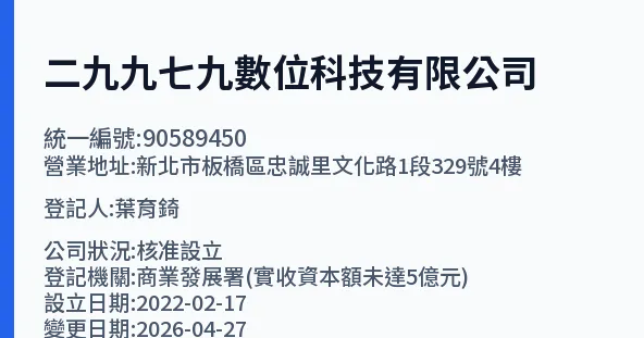 二九九七九數位科技有限公司的照片-統編 90589450(新北市) 公司登記資料與營業項目詳細圖表