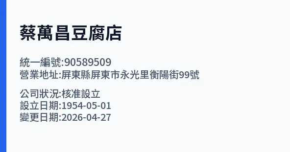 蔡萬昌豆腐店的照片-統編 90589509(屏東縣) 公司登記資料與營業項目詳細圖表