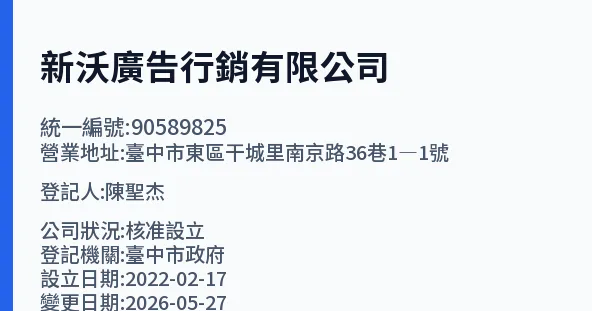 新沃廣告行銷有限公司的照片-統編 90589825(臺中市) 公司登記資料與營業項目詳細圖表