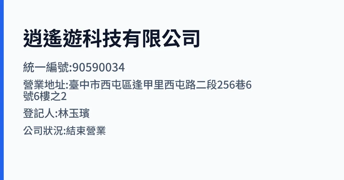 逍遙遊科技有限公司 - 統編 90590034(臺中市) 公司登記資料與營業項目詳細圖表