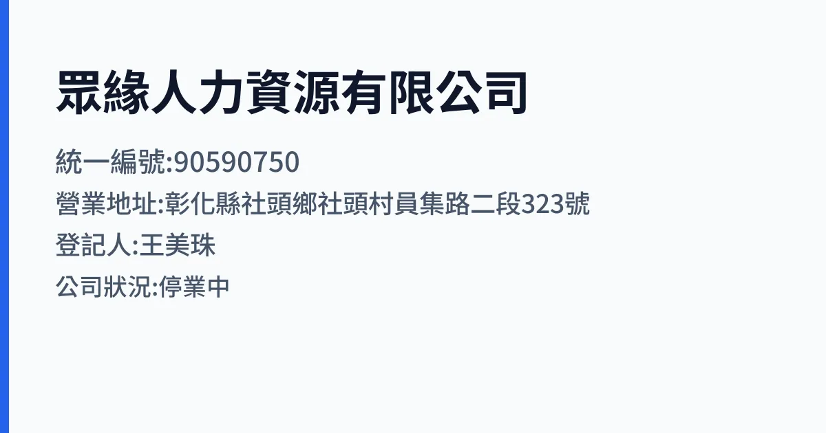 眾緣人力資源有限公司 - 統編 90590750(彰化縣) 公司登記資料與營業項目詳細圖表