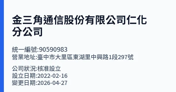 金三角通信股份有限公司仁化分公司的照片-統編 90590983(臺中市) 公司登記資料與營業項目詳細圖表