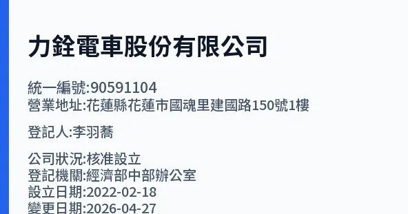 力銓電車股份有限公司的照片-統編 90591104(花蓮縣) 公司登記資料與營業項目詳細圖表