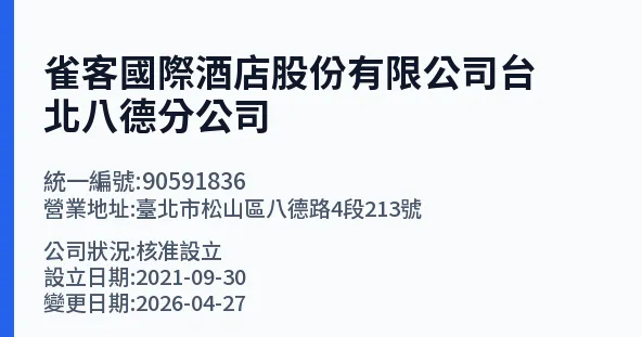 雀客國際酒店股份有限公司台北八德分公司的照片-統編 90591836(臺北市) 公司登記資料與營業項目詳細圖表