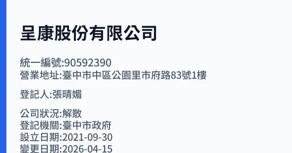 呈康股份有限公司的照片-統編 90592390(臺中市) 公司登記資料與營業項目詳細圖表